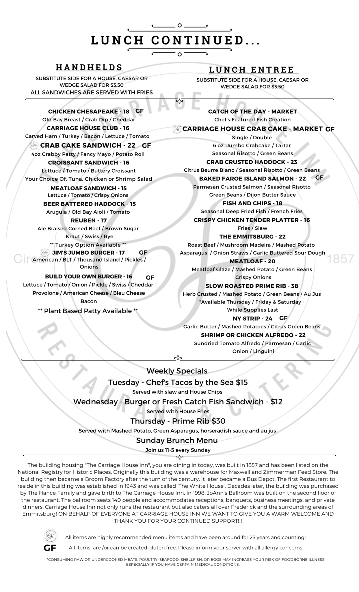 Summer Menu - The Carriage House Inn