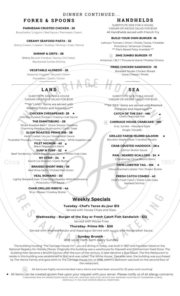 Winter Menu - The Carriage House Inn
