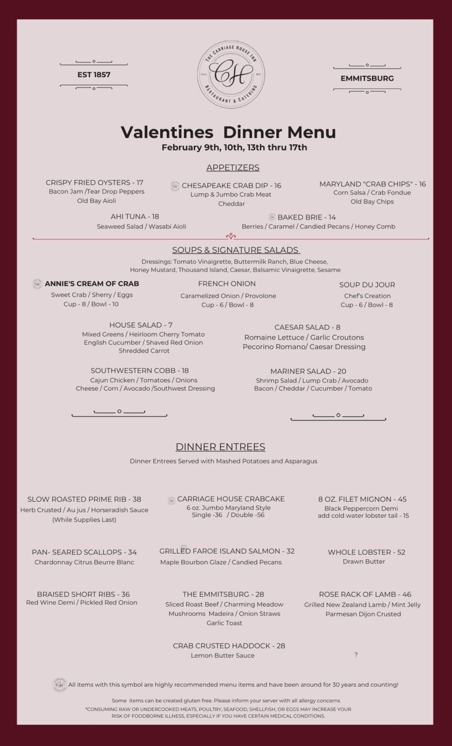 Valentine Dinner For Menu - The Carriage House Inn