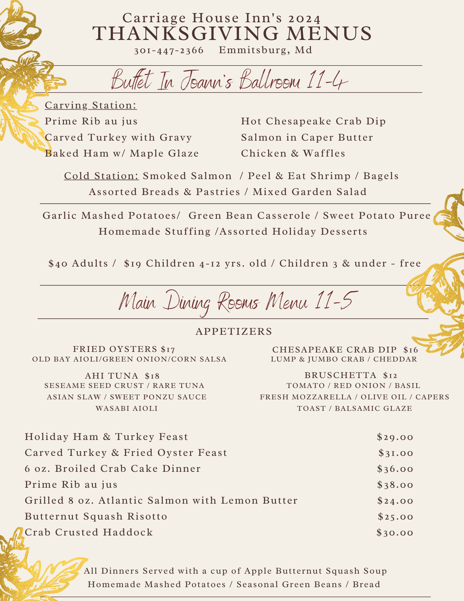 Thanksgiving Menus - The Carriage House Inn