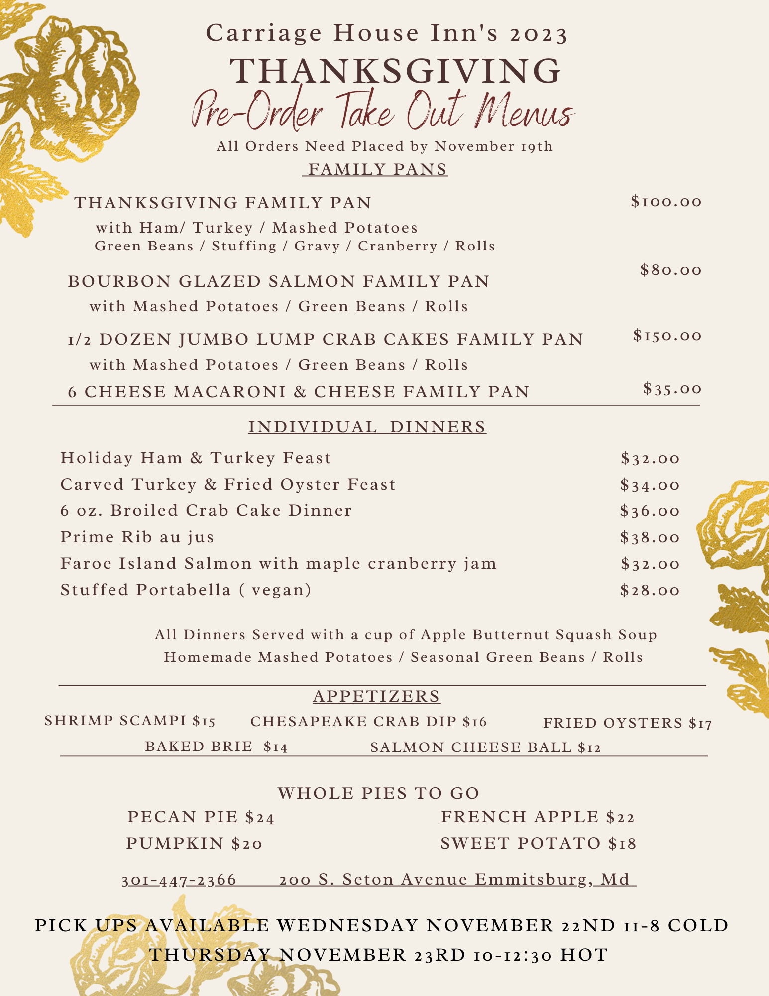 Thanksgiving Take Out Menus - The Carriage House Inn