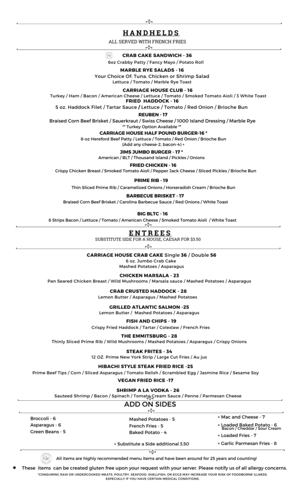 Winter Menu - The Carriage House Inn
