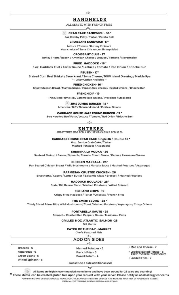 Winter Menu - The Carriage House Inn